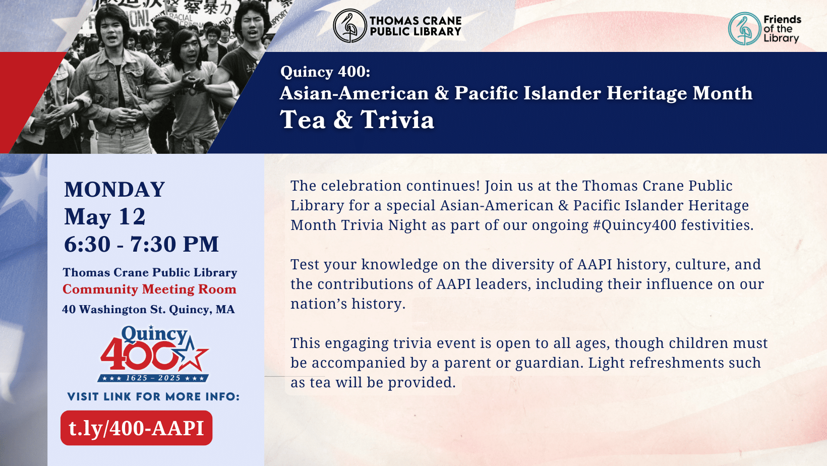 Quincy 400: AAPI Heritage Month Tea & Trivia! – Thomas Crane Public Library